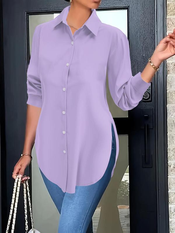 Women's Plain Button Front Split Side Shirt, Casual Long Sleeve ...